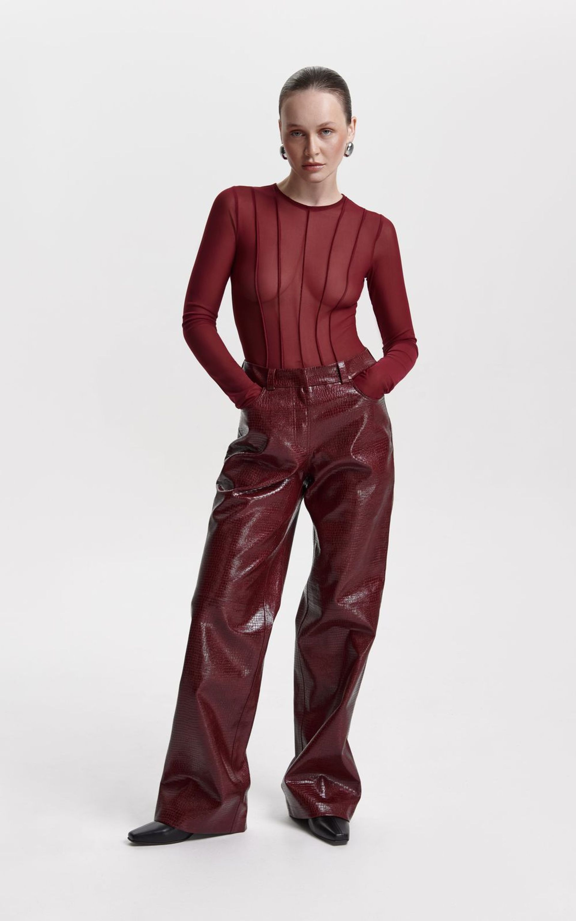 Textured Leather Pants - Burgundy | COOSH