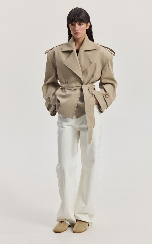 BLANK Cropped Trench Coat with Accent Shoulders - Beige | COOSH