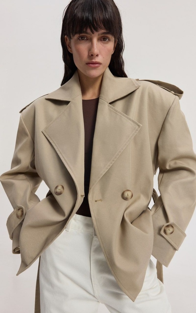 BLANK Cropped Trench Coat with Accent Shoulders - Beige | COOSH