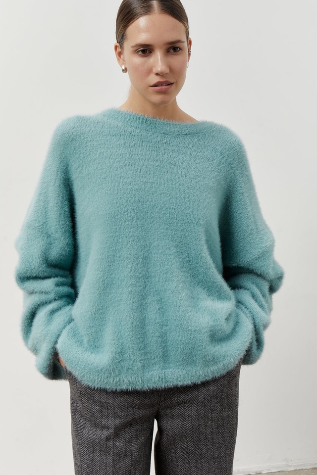 Dropped Shoulder Line Fluffy Sweater - Mint | COOSH
